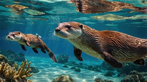 Two Playful Otters Swimming Gracefully Underwater Among Coral Reefs In