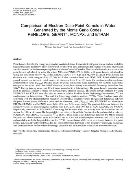 Pdf Comparison Of Electron Dose Point Kernels In Water Generated By The Monte Carlo Codes