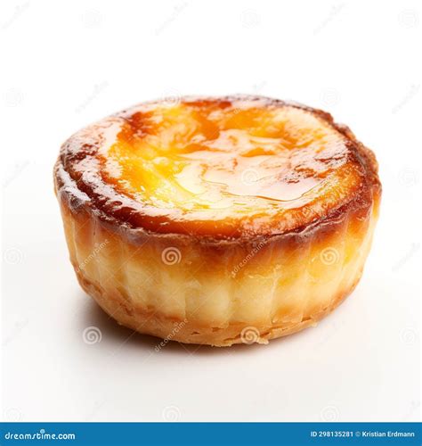 A Single Handcrafted Pastel De Nata Captured From A Close Up Angle Isolated Against A White