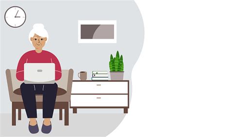 할머니는 집에서 안락 의자에 노트북과 함께 앉아있다 컴퓨터에서 작업합니다 온라인 교육 교육 또는 소셜 미디어 개념 앉음에 대한 스톡 벡터 아트 및 기타 이미지 Istock