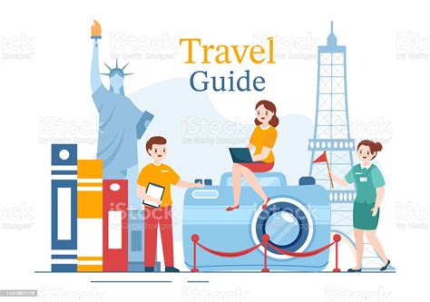 여행 가이드 및 플랫 만화 손으로 그린 템플릿 그림에서 휴가를 계획하기 위해 관광객 그룹에 흥미로운 장소를 보여주는 투어 가방에