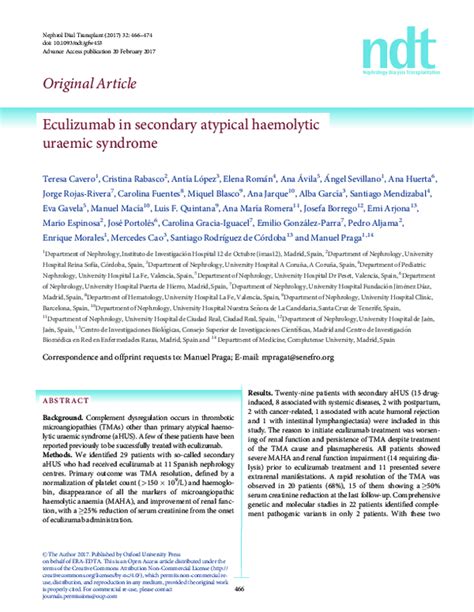 Pdf Eculizumab In Secondary Atypical Haemolytic Uraemic Syndrome