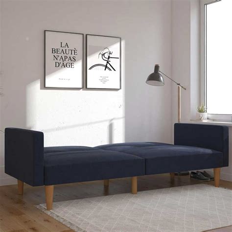 3 Sitzer Schlafcouch In Blau Stoff Mit Holzfüßen In Natur Juleste