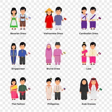 Cultural And National Dresses Flat Vectors Clothing Thai People Nationalities Vector Png