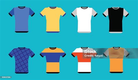 유니폼 세트의 종류입니다 주요 유니폼의 간단한 아이콘입니다 노란색 빨간색 파란색 흰색 Pullovers 파란색 배경에 고립 평면