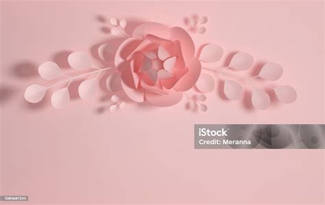 3d 렌더링 종이 꽃 가지와 잎 디지털 일러스트 레이 션 핑크 파스텔 컬러 종이 꽃 꽃 조성 배경 웨딩 카드 관상 주름을 달기