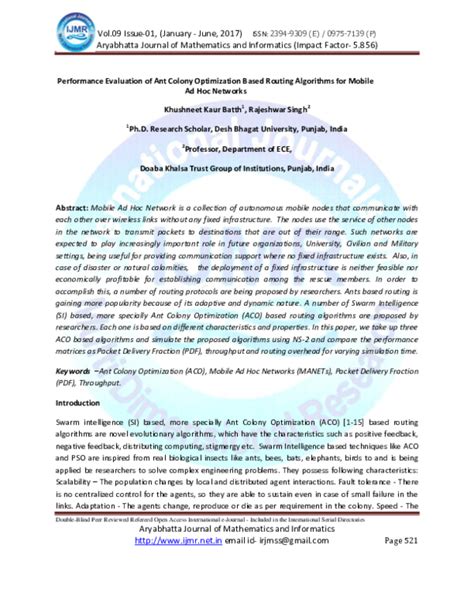 Pdf Performance Evaluation Of Ant Colony Optimization Based Routing Algorithms For Mobile Ad