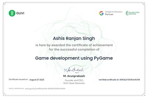 Finished Pygame Certificate With Guvi Ashis Ranjan Singh Posted On
