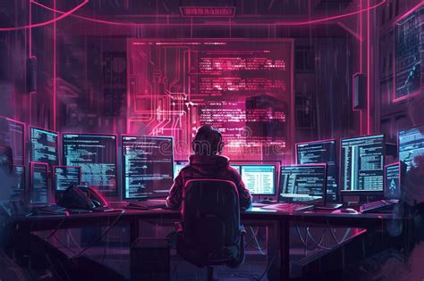 A Hacker Focuses Intently On Various Computer Screens Immersed In Their Late Night Coding And