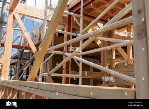 Metal Scaffolding And Wood Building Construction Building Site Stock