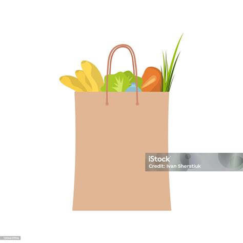 종이 봉투에 신선한 음식 플랫 스타일의 벡터 일러스트 다른 음식과 음료 제품 식료품 쇼핑 과일 야채 햄 치즈 빵 우유 3차원 형태에 대한 스톡 벡터 아트 및 기타 이미지