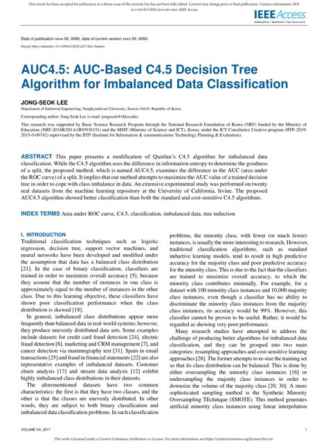 PDF AUC4 5 AUC Based C4 5 Decision Tree Algorithm For Imbalanced