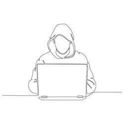 Continuous Line Drawing A Hacker With Laptop Vector Image