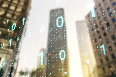 Premium Photo Abstract Virtual Binary Code Sketch On Blurry Cityscape