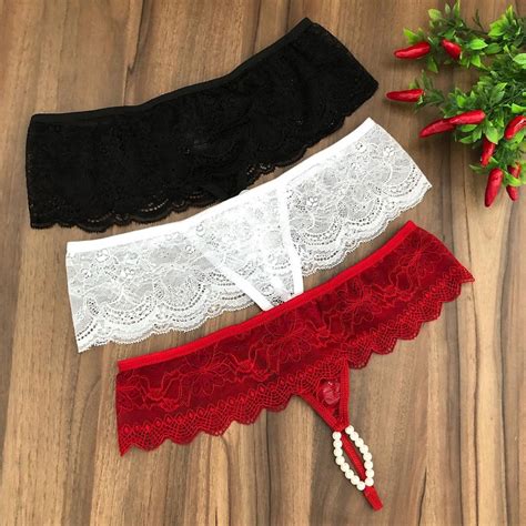 Kit 3 Peças Calcinha Tailandesa Sexy Fio Dental Em Renda Com Pérolas