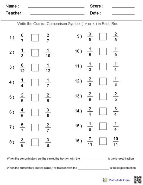 Comparing Fractions With Same Denominator Worksheet Printable Word