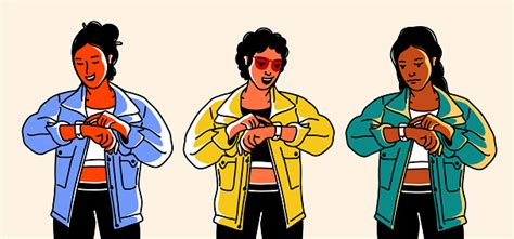 젊은 여성들이 스마트 워치를 사용하고 있다 스마트워치 기술 벡터 일러스트레이션 디자인 컨셉 손으로 그리고 스케치하고 낙서합니다