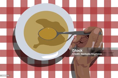 붉은 격자무늬 식탁보와 하얀 그릇에 숟가락을 들고 있는 위에서부터 크림 같은 수프 국그릇에 대한 스톡 벡터 아트 및 기타 이미지 국그릇 개념 개념과 주제 Istock