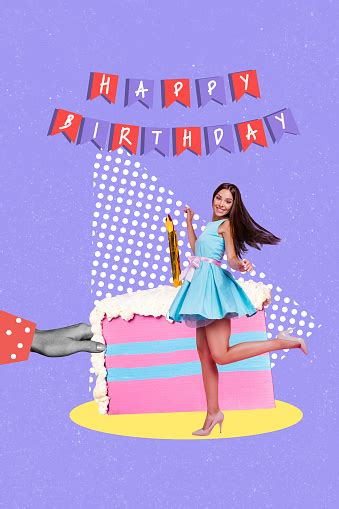 복합 트렌드 아트 워크 3d 사진 콜라주 생일 축하 단어 플래그 인사말 카드 젊은 매력적인 여자 댄스 파티 손 홀드 거대한 케이크 20 24세에 대한 스톡 사진 및 기타