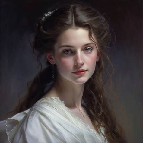 A Painting Of A Woman With Long Hair Wearing A White Dress And Pearls
