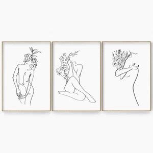 Flower Naked Woman Line Art Set Abstract Woman Body Line Etsy