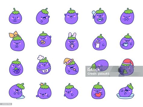 귀여운 귀여 가지 야채 사랑스러운 만화 음식 캐릭터입니다 손으로 그린 스타일입니다 벡터 그리기 디자인 요소 모음 가공의 인물에