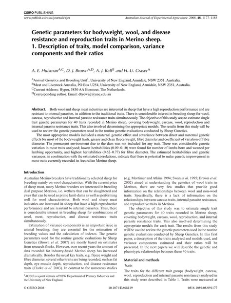 Pdf Genetic Parameters For Bodyweight Wool And Disease Resistance