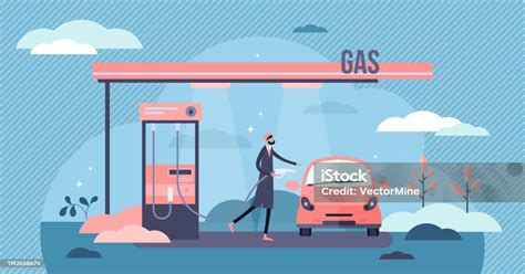 Gas Station Vector Illustration Fuel Refill Process In Tiny Person