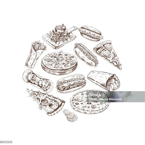 길거리 음식 테이크아웃 음식 패스트 푸드 정크 푸드의 손으로 그린 흑백 스케치 햄버거 칩 피자 핫도그 부리 토 타코 세트 메뉴에