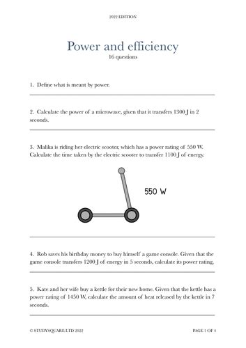 Power And Efficiency For Aqa Gcse Physics Slides Worksheet Mark