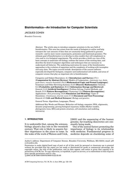 Bioinformatics—an Introduction For Computer Scientists Pdf