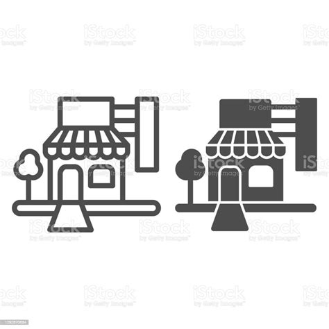 간판과 나무 선과 단단한 아이콘 쇼핑 컨셉 흰색 배경에 상점 사인 모바일 개념 및 웹 디자인을위한 개요 스타일로 아이콘을 저장