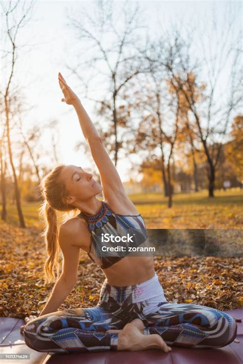 공원에서 요가를 연습하는 중년 여성 한쪽 팔을 들어 올리는 반 연꽃 포즈 40 44세에 대한 스톡 사진 및 기타 이미지 40
