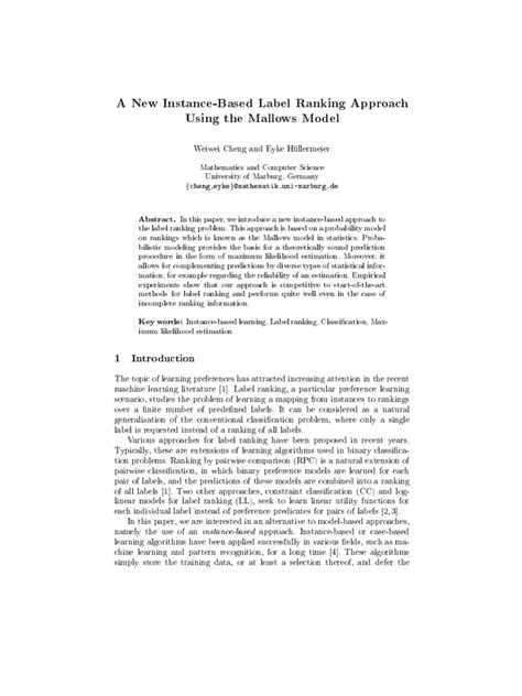 Cheng A New Instance Based Label Ranking Approach Using The Mallows Model Pdf Machine