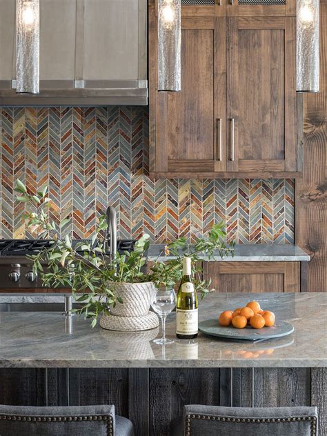 Chevron Rusty Brown Gray Slate Mosaic Backsplash Tile Kitchen Remodel Kitchen Interior