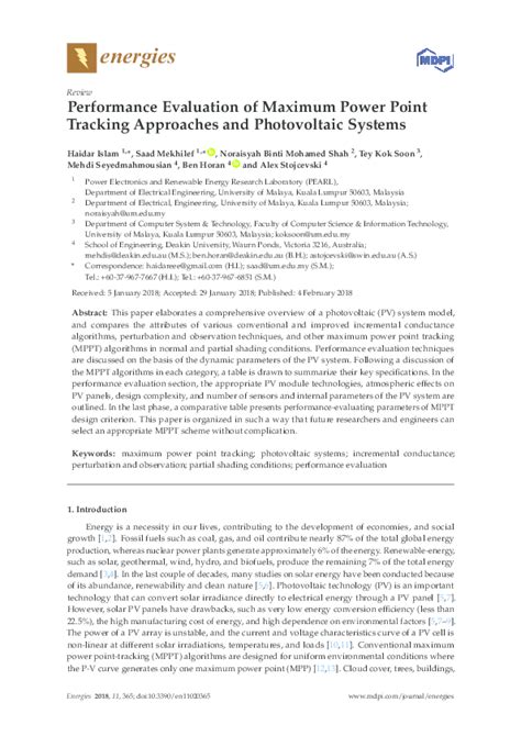 Pdf Performance Evaluation Of Maximum Power Point Tracking Approaches And Photovoltaic Systems