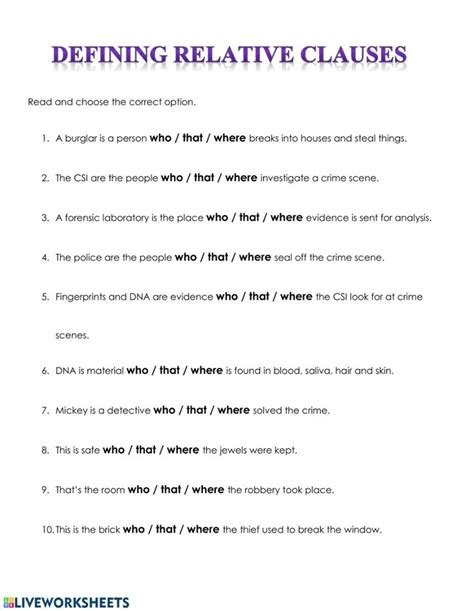 Relative Clauses Liveworksheets Category Online Classes