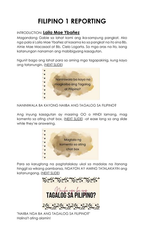 Fil1 P10 Reporting Filipino 1 Reporting Introduction Laila Mae
