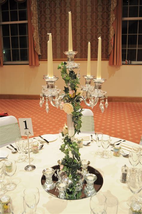 Candelabra Wedding Centerpiece With Silk Ivy And Roses Italian Ruscus