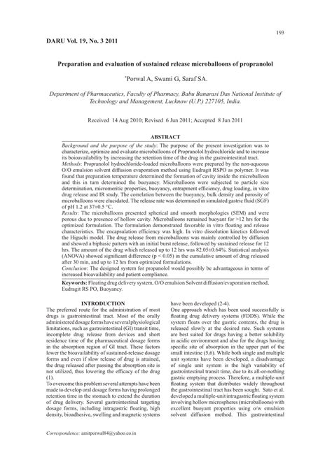 Pdf Preparation And Evaluation Of Sustained Release Microballoons Of