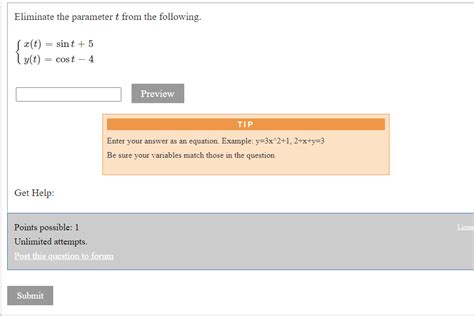 Solved Eliminate the parameter t from the following Sæ t Chegg com