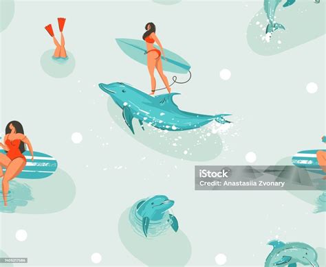 손으로 그린 벡터 스톡 추상 귀여운 여름 시간 만화 일러스트 레이 션은 푸른 바닷물 배경에서 서핑 보드 소녀와 돌고래와 원활한 패턴 과일에 대한 스톡 벡터 아트 및 기타