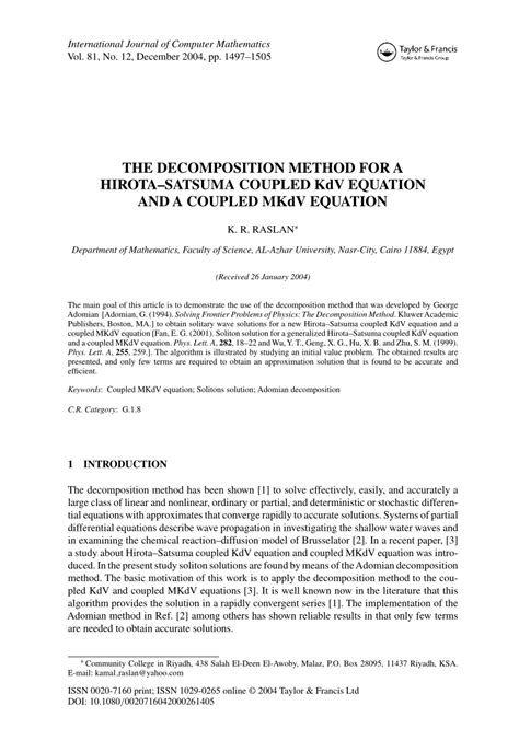 Pdf The Decomposition Method For A Hirota Satsuma Coupled Kdv