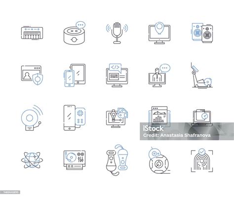 전자 상점 개요 아이콘 모음입니다 전자 제품 상점 상점 소매점 가제트 아울렛 소모품 벡터 및 일러스트레이션 개념 세트 품목 제품 기구 선형 표시 아이콘에 대한 스톡 벡터