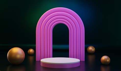 Podium이 있는 추상 구성의 3d 렌더링 둥근 받침대와 복사 공간이 있는 미니멀 스튜디오 랜딩 페이지 쇼케이스 제품 프레젠테이션을 위한 미래 지향적인 인테리어 배경 0