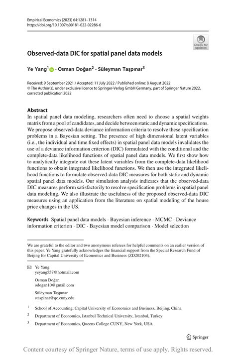 Observed Data Dic For Spatial Panel Data Models Request Pdf