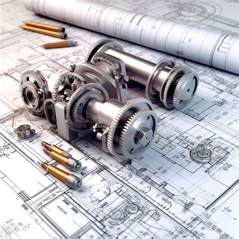 Stainless Steel Mechanism Component On Technical Blueprint Mechanical Engineering Drawing