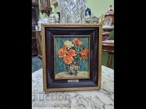 Прекрасна антикварна френска картина емайл натюрморт Живопис Изкуство Музика Balkanauction