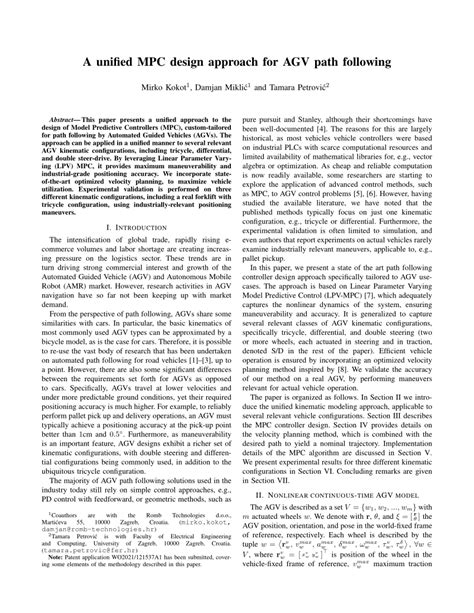 Pdf A Unified Mpc Design Approach For Agv Path Following