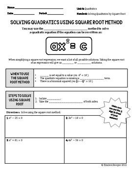 Solving Quadratics By Square Root Method Guided Notes Practice Homework
